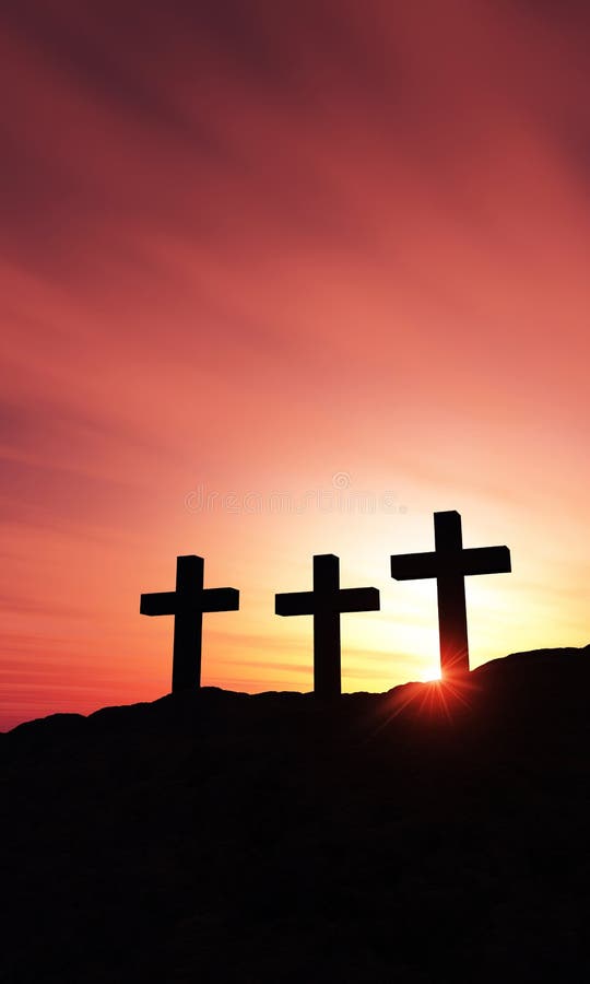 Three Crosses On A Hill At Sunset