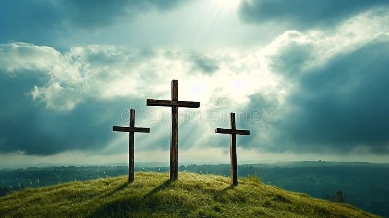 Three Crosses on a Hill Illuminated by Sunlight Streaming through ...