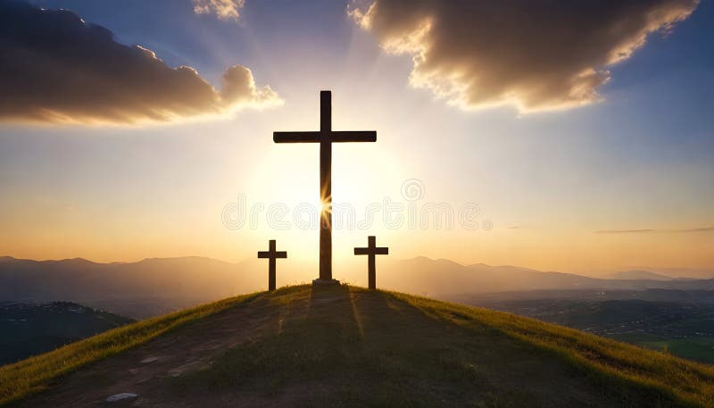 Three Crosses on a Hill with the Sun Behind Them Stock Illustration ...