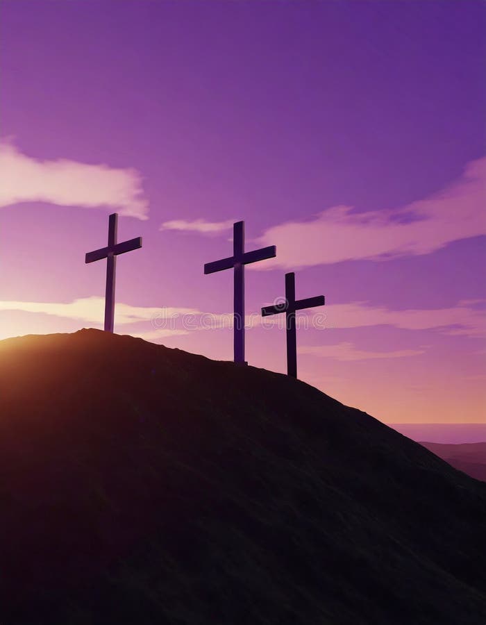 Three Crosses at a Hill at Sunset Stock Illustration - Illustration of ...