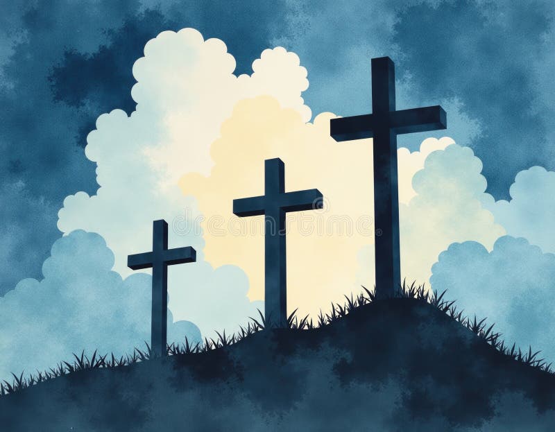 Three Crosses on a Hill at Sunset Stock Illustration - Illustration of ...