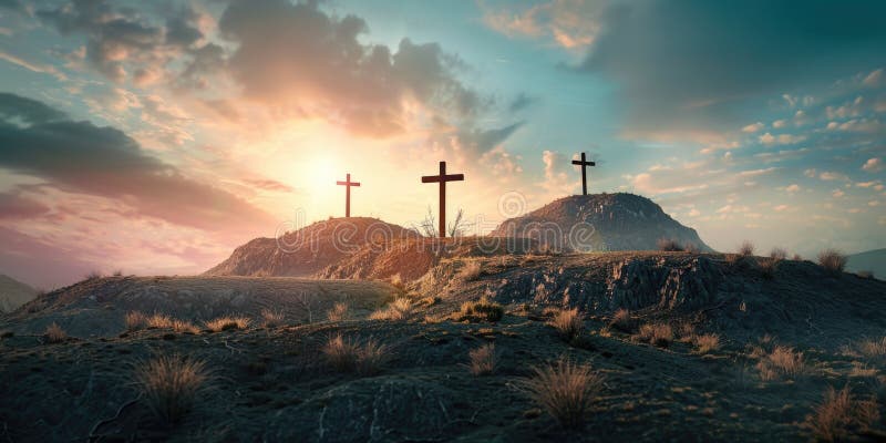 Three Crosses on Hill at Sunset Stock Photo - Image of nature ...