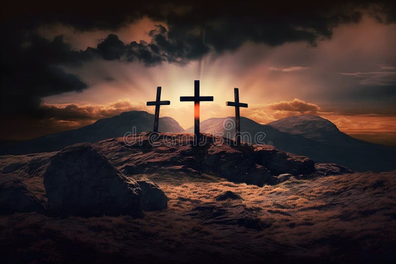 Three Crosses on the Hill on the Sunset Stock Illustration ...
