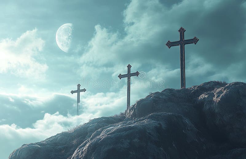 Three Crosses on a Mountain with a Cloudy Sky and Moon Stock ...