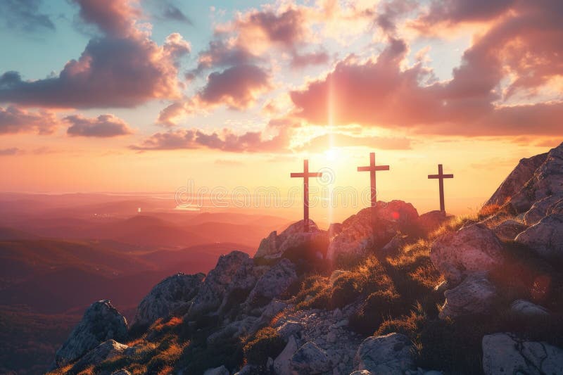 Three Crosses on a Mountain Peak during Sunset Stock Image - Image of prayer, nature: 387609171