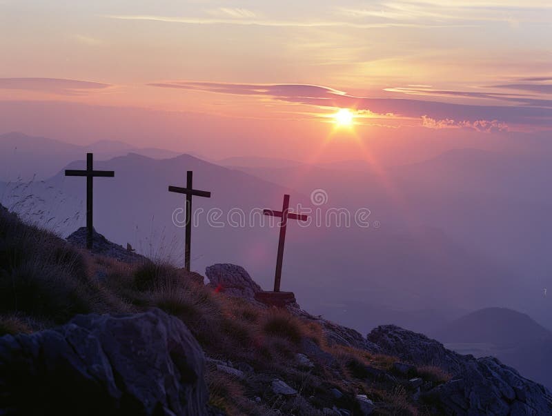 Three Crosses Mountain Sunset Stock Photo - Image of sunset, spiritual ...