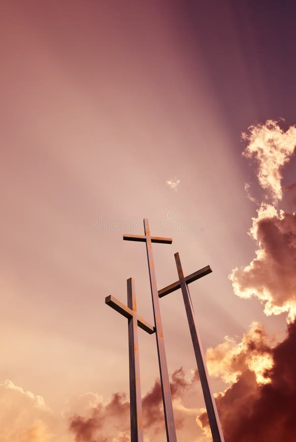 Three Crosses Over Bright Dramatic Sky Vertical Image Stock Photo ...