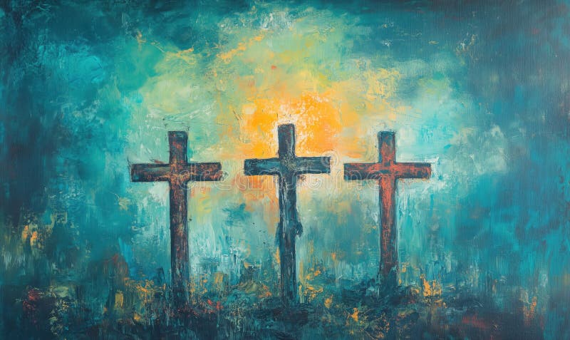 Three Crosses Silhouette Against Vibrant Abstract Background with ...