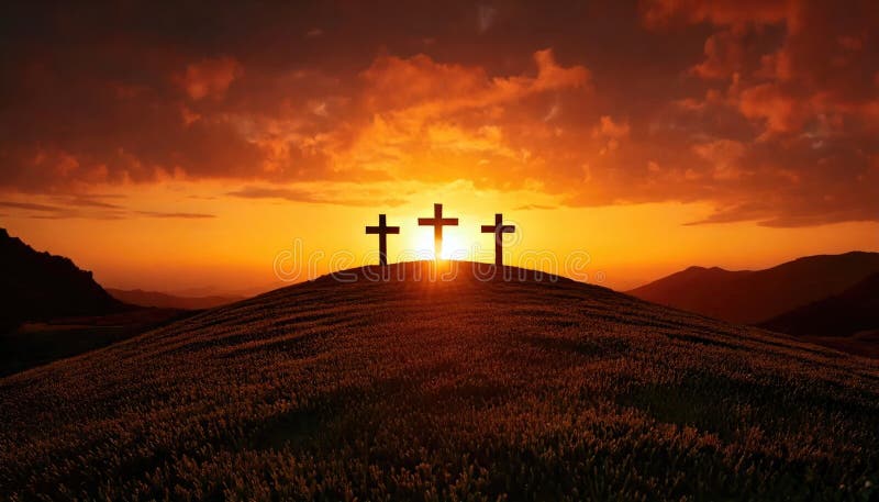 Three Crosses Silhouetted Against a Dramatic Sunset Sky on a Hilltop ...