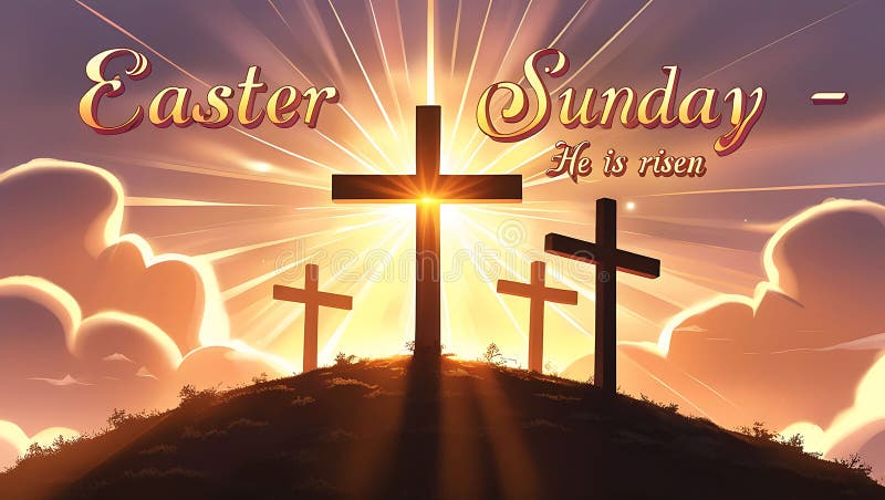 Three Crosses on a Hill with Easter Sunday Text and a Bright Light ...