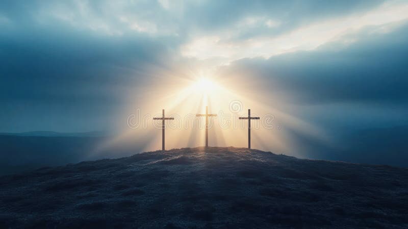Three Crosses Illuminated by Sunlight on a Hillside at Dawn. Generative ...