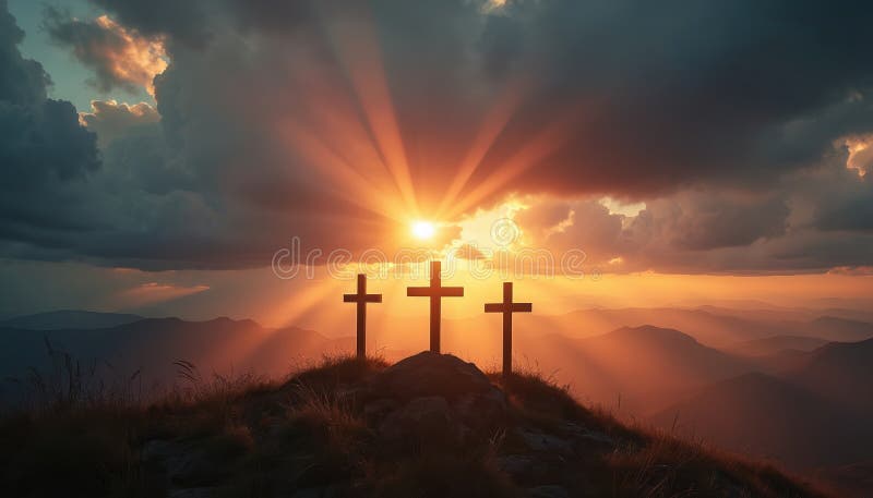 Three Crosses Stand on Mountain Peak at Sunset. Sun Rays Burst through ...