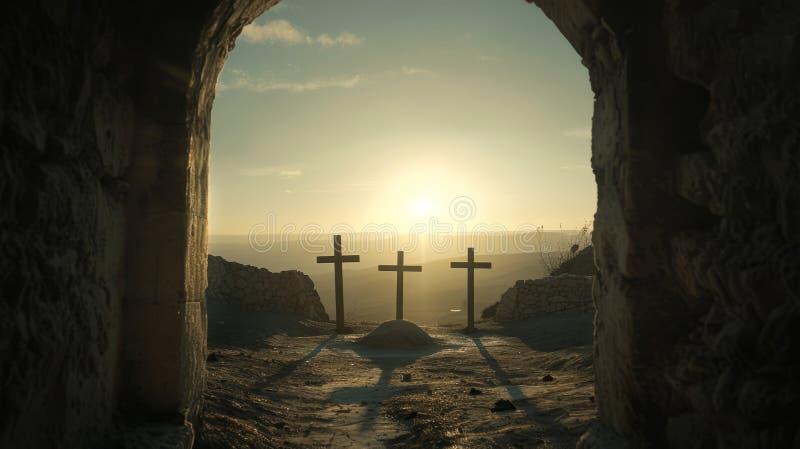 Three Crosses Stand Outside Empty Tomb Stock Image - Image of horizon ...