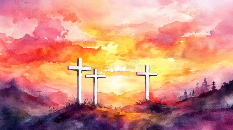 Three Crosses at Sunset Watercolor Painting Stock Illustration ...