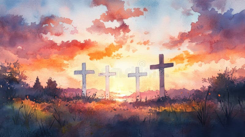 Three Crosses at Sunset Watercolor Painting Stock Illustration ...