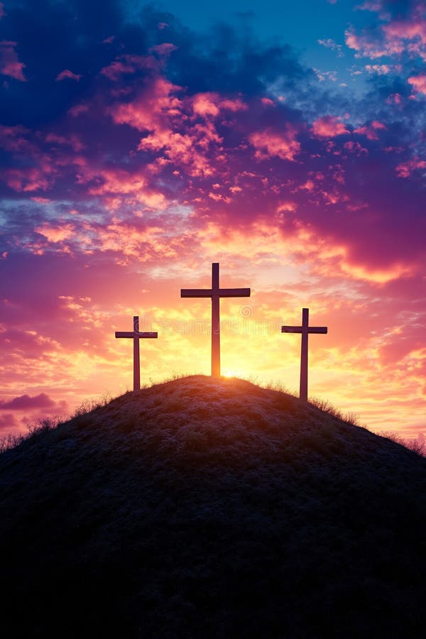 Three Crosses on Top of a Hill at Sunset Stock Photo - Image of ...