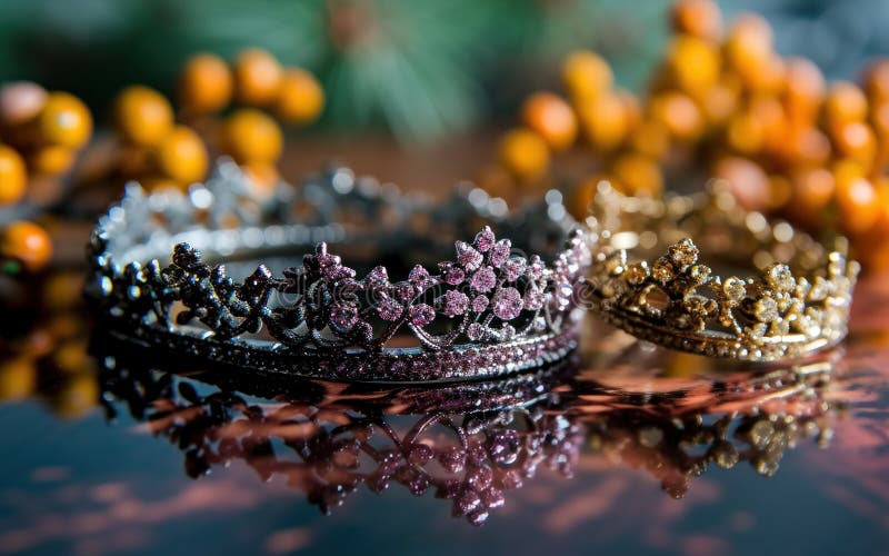 Three Crowns on a Table with Lights Behind Them Stock Photo - Image of ...