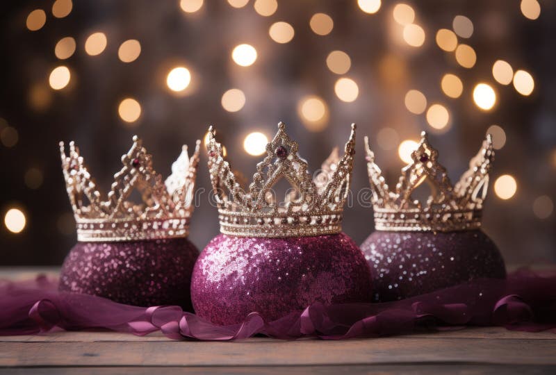 Three Crowns on a Table with Lights Behind Them Stock Photo - Image of ...