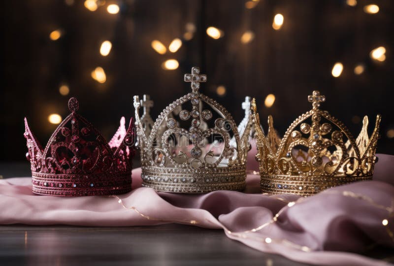 Three Crowns on a Table with Lights Behind Them Stock Photo - Image of ...