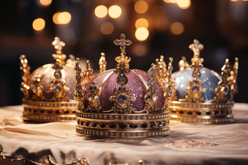 Three Crowns on a Table with Lights Behind Them Stock Photo - Image of ...