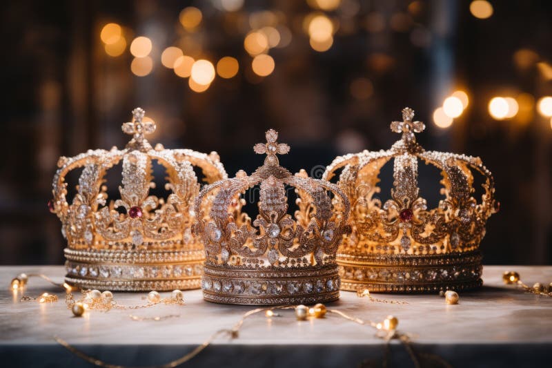 Three Crowns on a Table with Lights Behind Them Stock Image - Image of ...