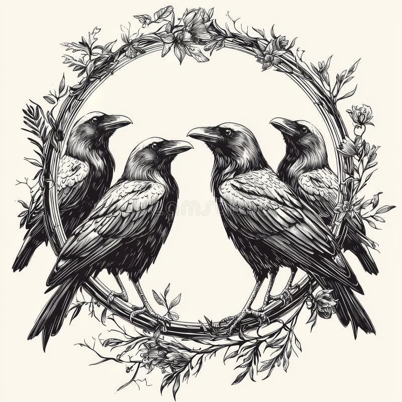Three Crows on Branches, Arranged within a Decorative Frame Stock Photo ...
