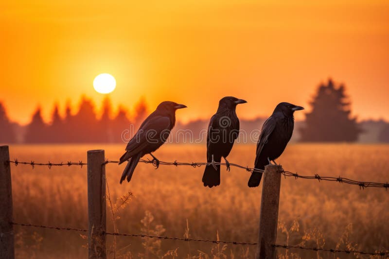 Three Crows on a Fence at Sunset Stock Illustration - Illustration of ...