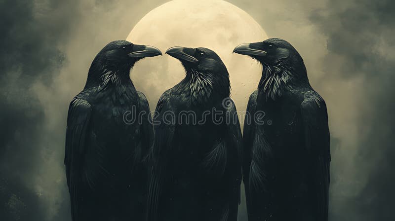 Three Crows Under a Full Moon at Night Stock Illustration ...