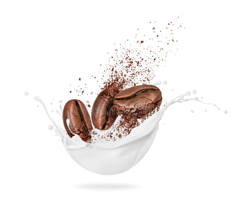 Three Crushed Coffee Beans in Milk Splashes Stock Image - Image of ...