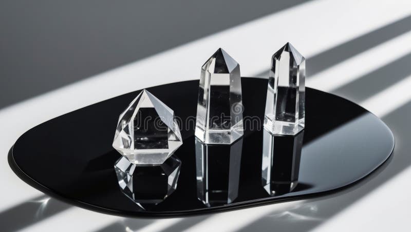 Three Crystal Clear Quartz Points on a Black Surface. Stock Image ...
