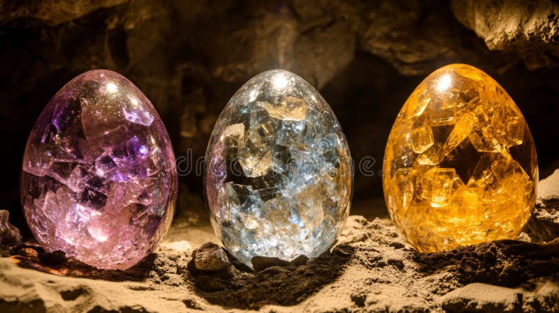 Three Crystal Eggs Resting on Sandy Ground Stock Image - Image of ...
