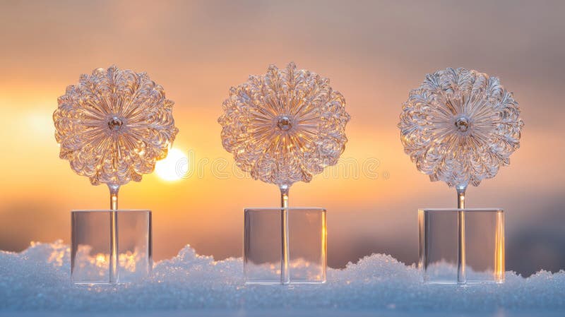 Three Crystal Flower Sculptures at Sunset Stock Illustration ...