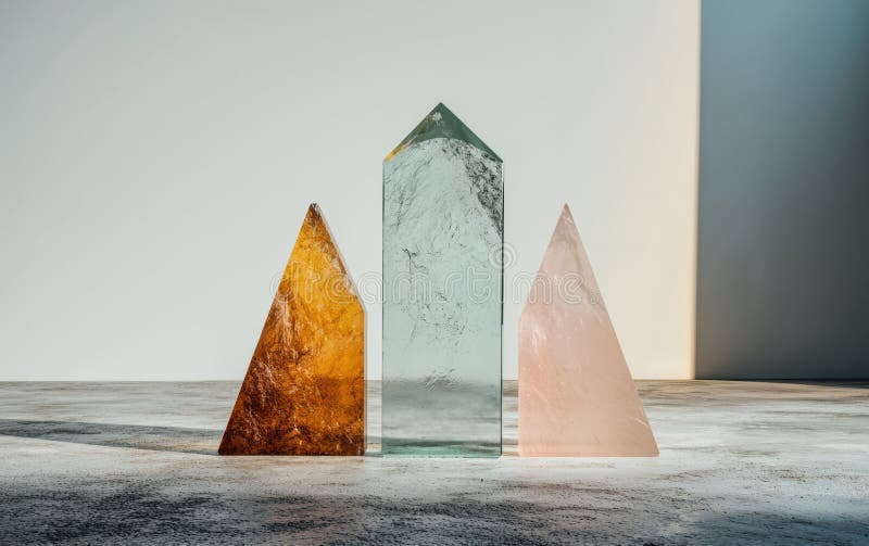 Three Crystal Formations of Different Colors Stand on a Concrete ...
