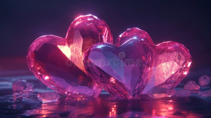 Three Crystal Hearts Resting on Ice Stock Illustration - Illustration ...
