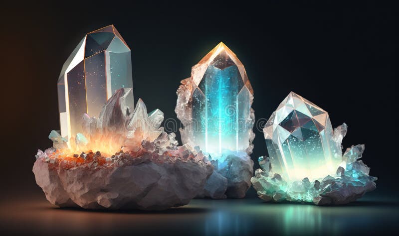 Three Crystal Stones with a Glowing Glow on Them, on a Dark Background ...