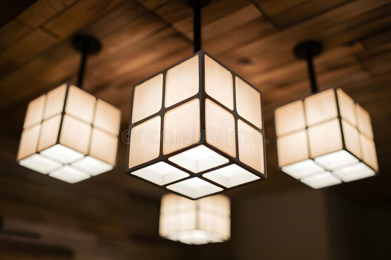 Three Cube Shaped Light Fixtures with Central One Illuminated, Blurred ...