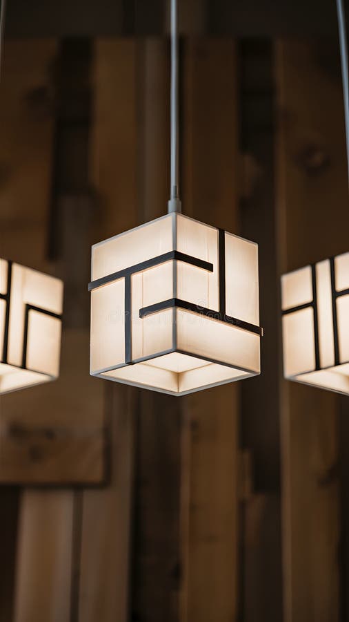 Three Cube Shaped Light Fixtures with Central One Illuminated, Blurred ...
