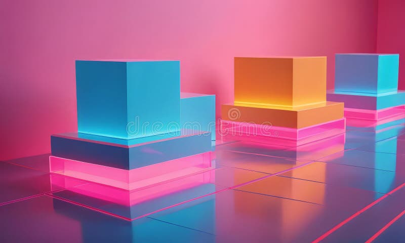 Three Cubes in Blue, Yellow, and Pink are Arranged in Row on Reflective ...
