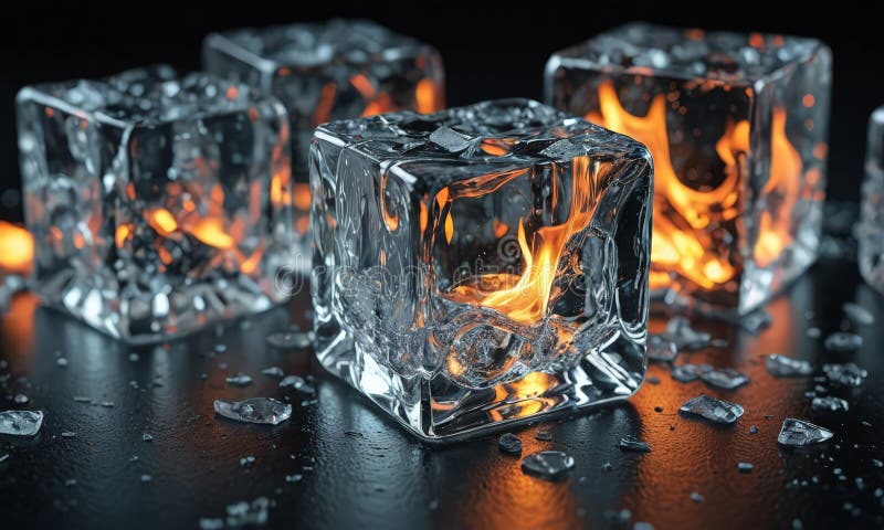 Three Cubes Ice with Flames Inside are Arranged on Black Surface, with ...