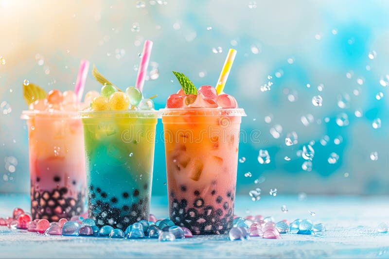 Three Cups of Bubble Tea with Straws and Ice on a Table.AI Generated ...