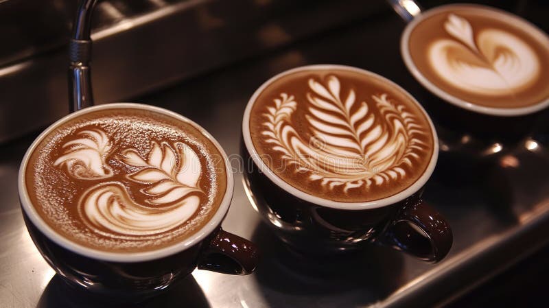 Three Cups of Coffee with Intricate Latte Art Stock Image - Image of ...
