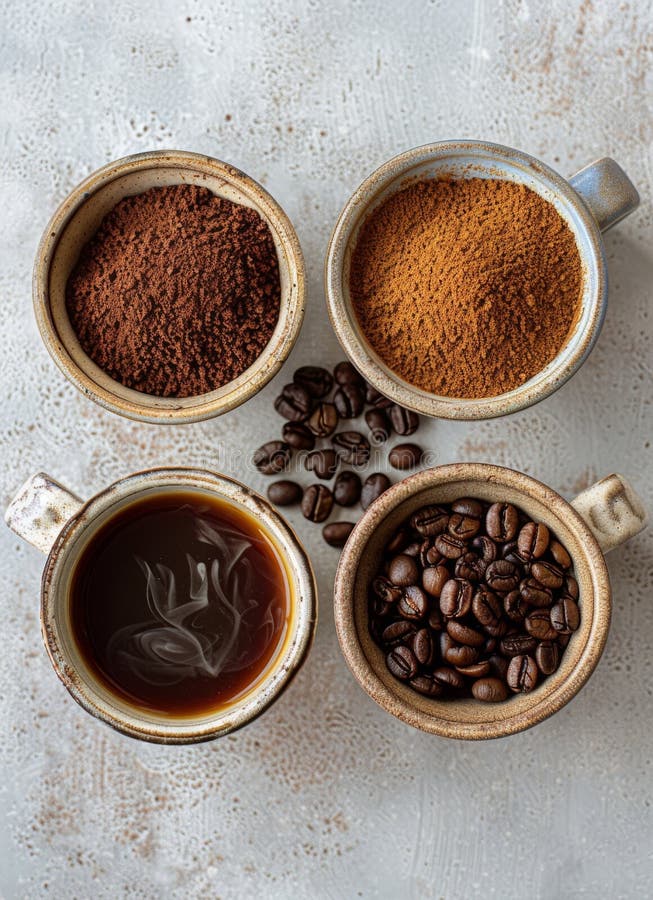 Three Cups of Coffee on Pile of Coffee Beans Stock Photo - Image of ...