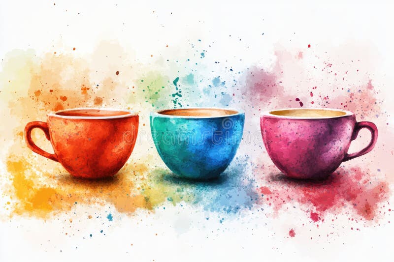 Three Cups of Different Colors are Painted on a White Background Stock ...