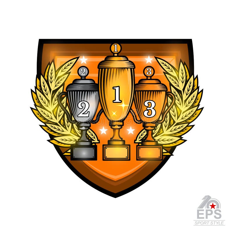 Three Cups First Gold, Second Silver and Third Place Bronze with Laurel ...
