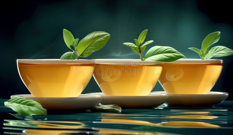 Three Cups of Herbal Tea with Green Leaves Stock Illustration ...