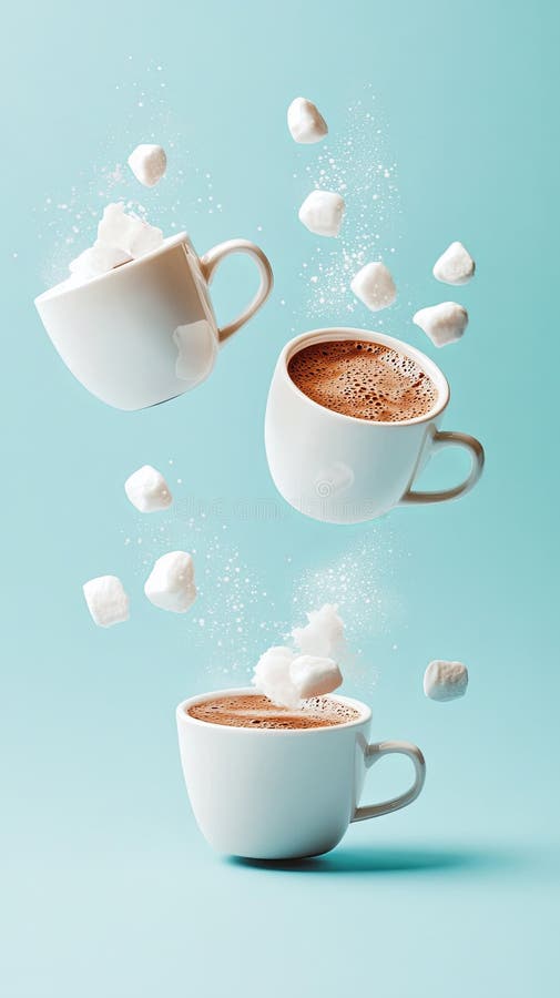 Three Cups of Hot Cocoa Floating in Mid-air. Stock Image - Image of ...