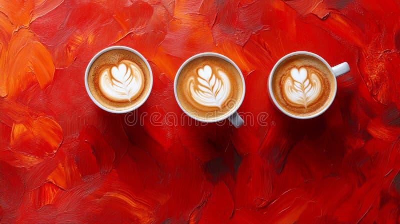 Three Cups of Latte Art on Red Painted Surface Stock Illustration ...