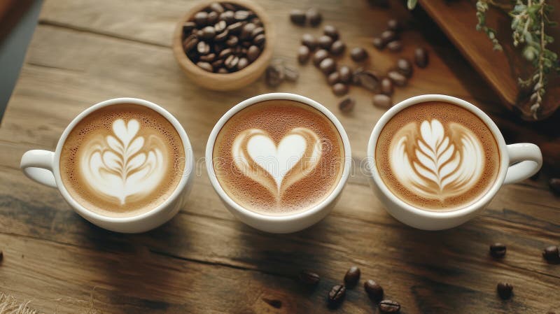Three Cups of Latte with Intricate Latte Art Designs, Placed on Rustic ...