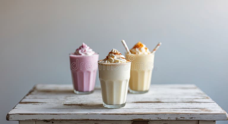 Three Cups of Milkshakes with Various Flavors on a Wooden Table in a ...