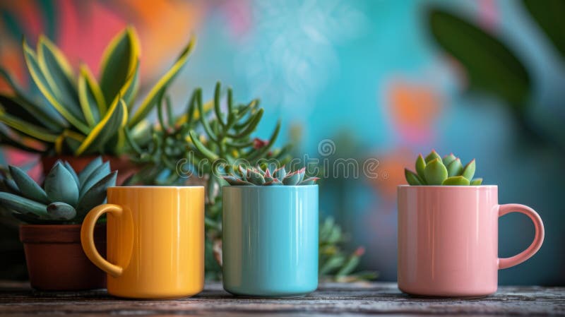 Three Cups with Plants in Them Sitting on a Table, AI Stock Photo ...